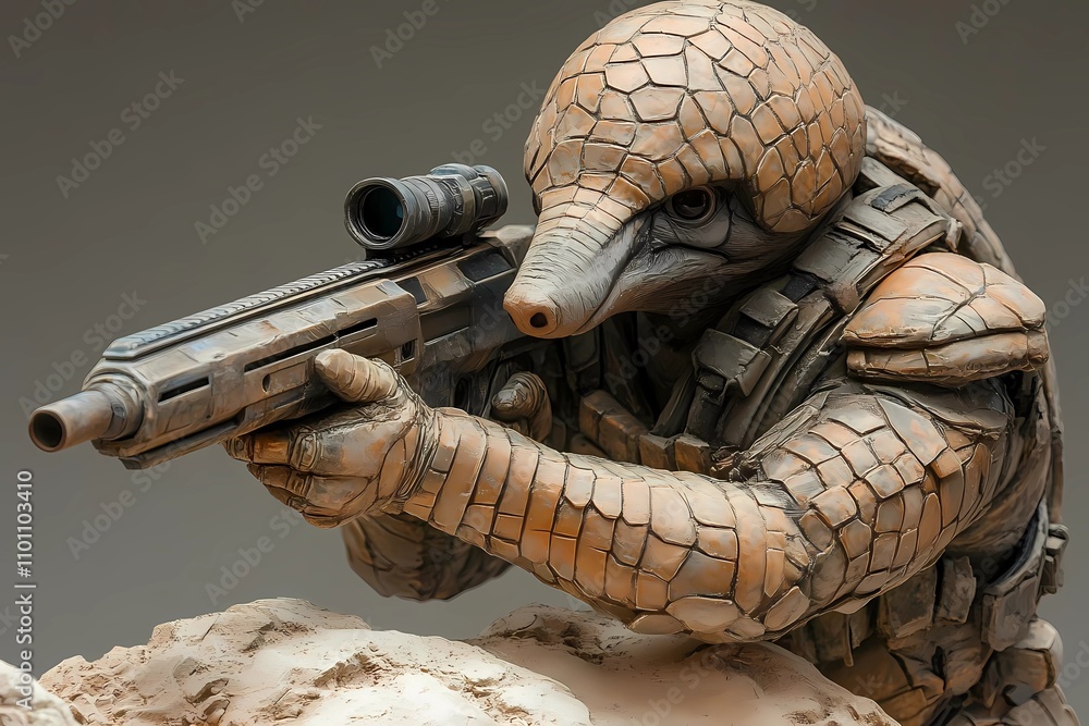 A pangolin character concept soldier 3D clipart illustration, with ...