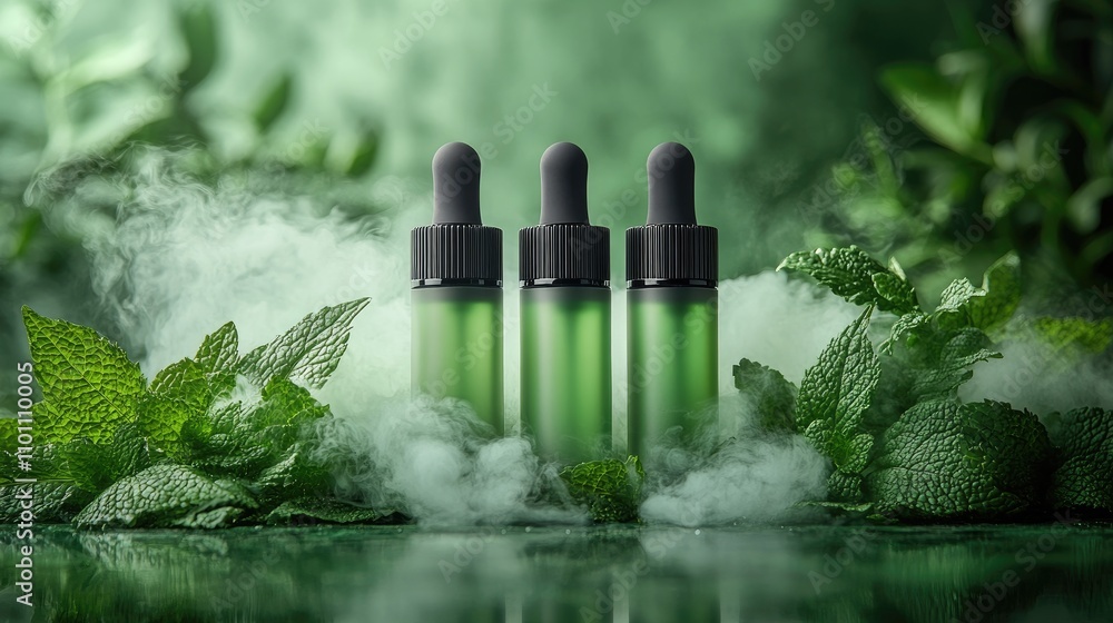 Vape pod system with green e-liquid bottles surrounded by mint leaves ...