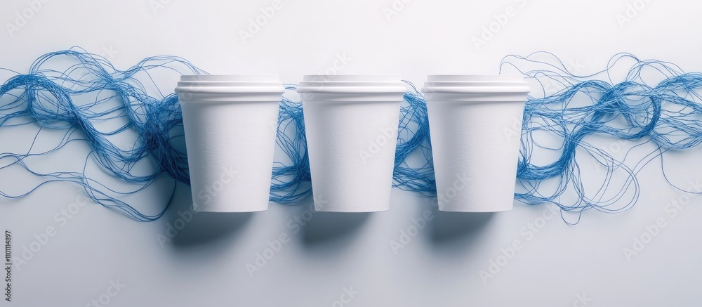 Vintage white paper cups with blue string on a white background ...