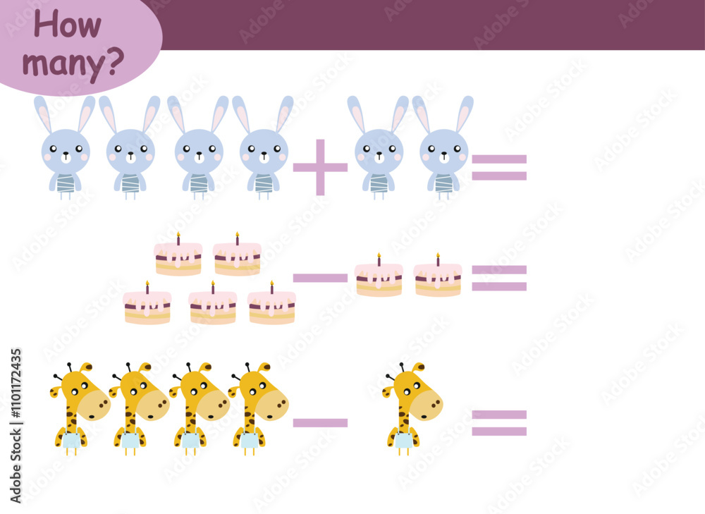 examples of addition and subtraction with cute animals. educational ...