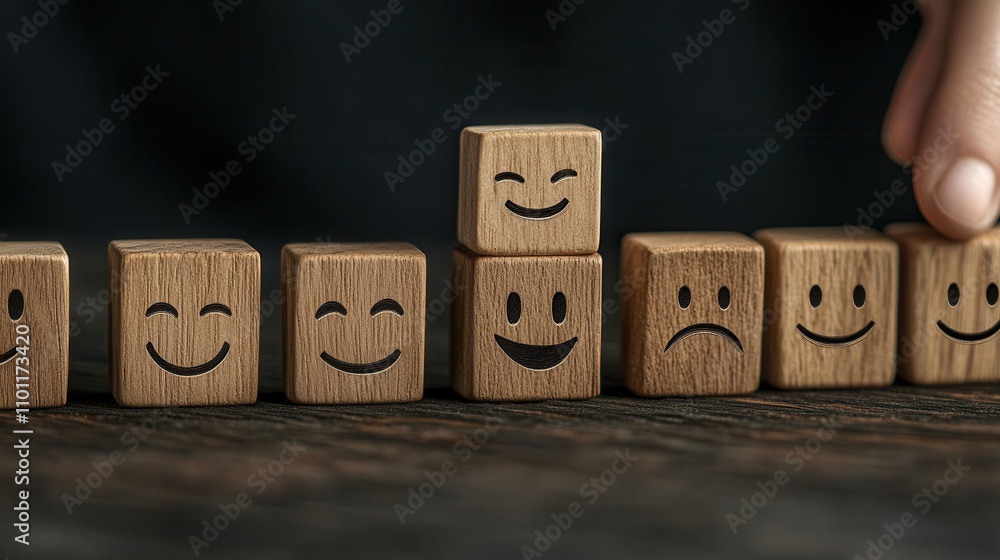 Wooden blocks with smiley faces arranged in a row, representing a range ...