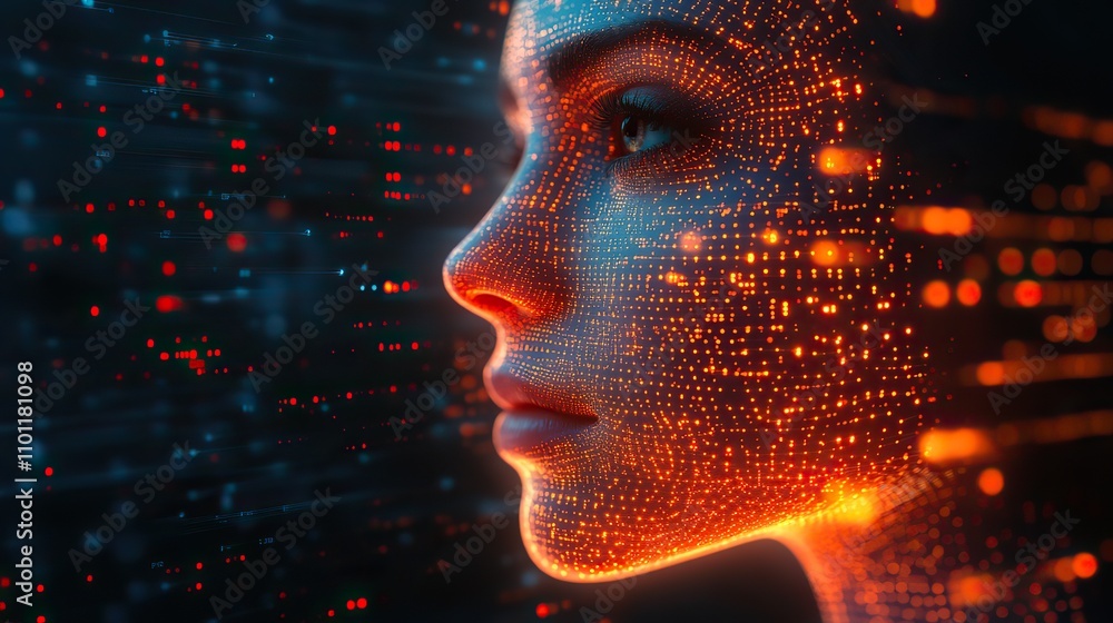 artificial intelligence large language model llm female head with human face matrix digital ...