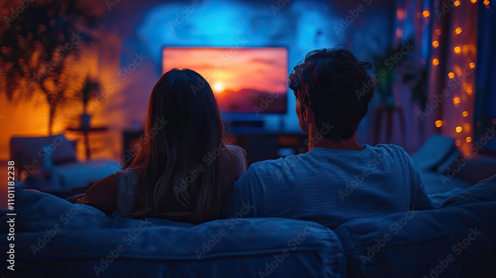 back view of a young indian couple lounging on a couch in the living ...