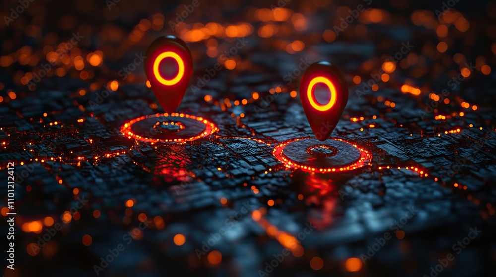 digital hand set location on map with two pins ai technology in gps ...