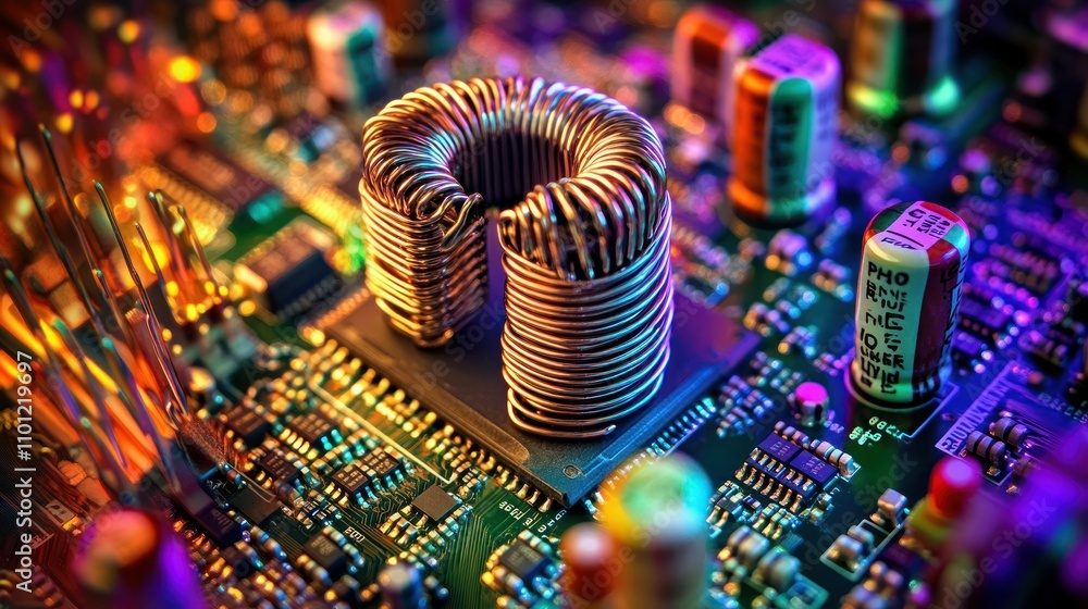 PCB showing toroidal core inductor with tightly coiled copper wire ...