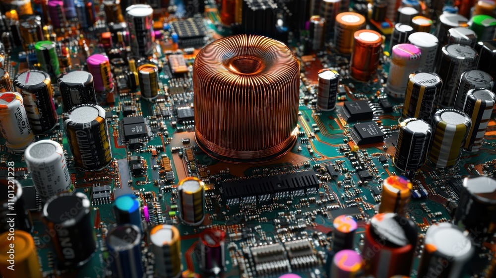 PCB showing toroidal core inductor with tightly coiled copper wire ...