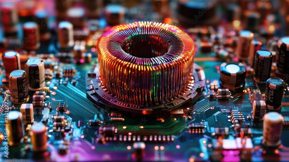 PCB showing toroidal core inductor with tightly coiled copper wire ...