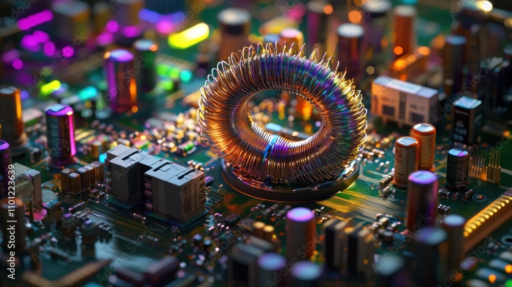 PCB showing toroidal core inductor with tightly coiled copper wire ...