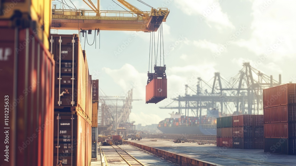Large mobile crane at port dock, lifting shipping containers and ...