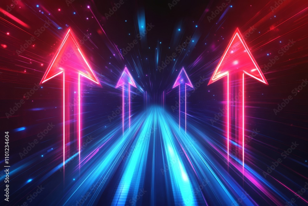 Glowing red and blue arrows prominently point upwards against a richly ...