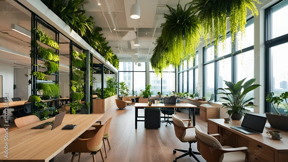 Green biophilic design of workplace office for business work Stock ...