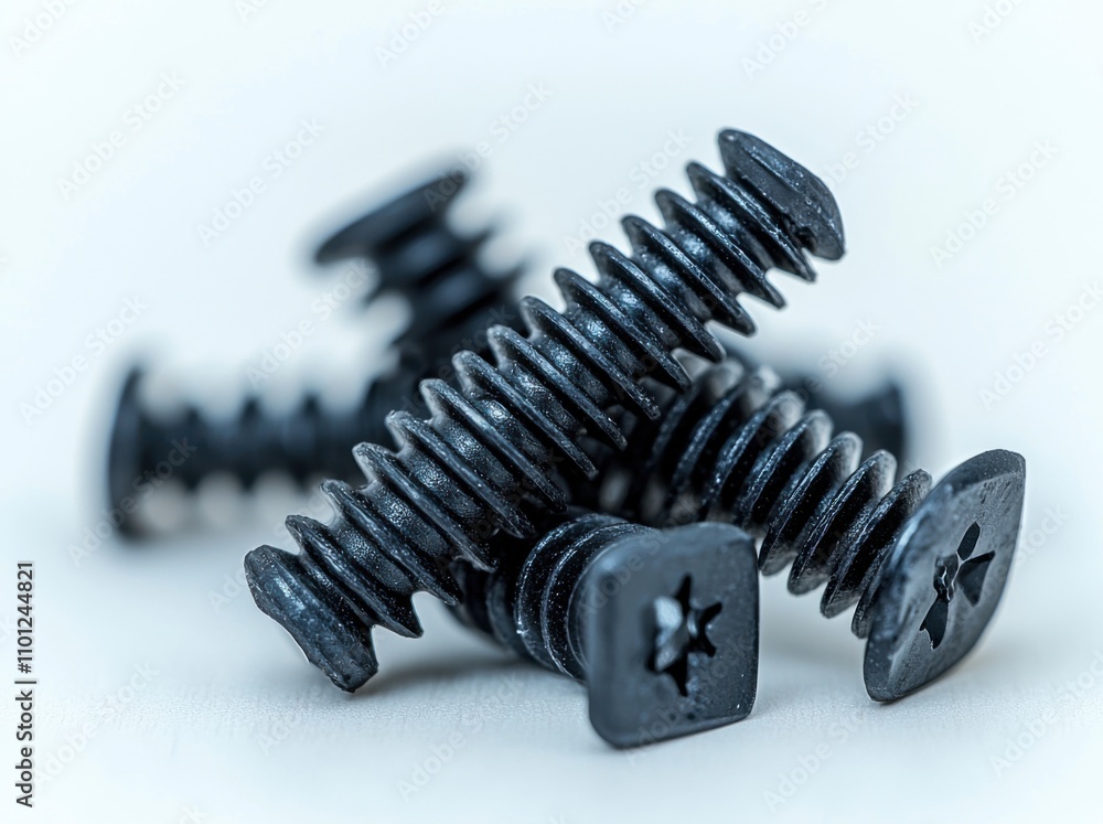A detailed close-up image of black industrial screws featuring fine ...