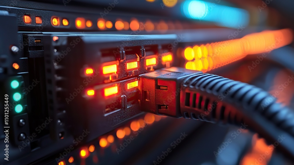 network switch and ethernet cable in rack cabinet network connection technology and has a status ...