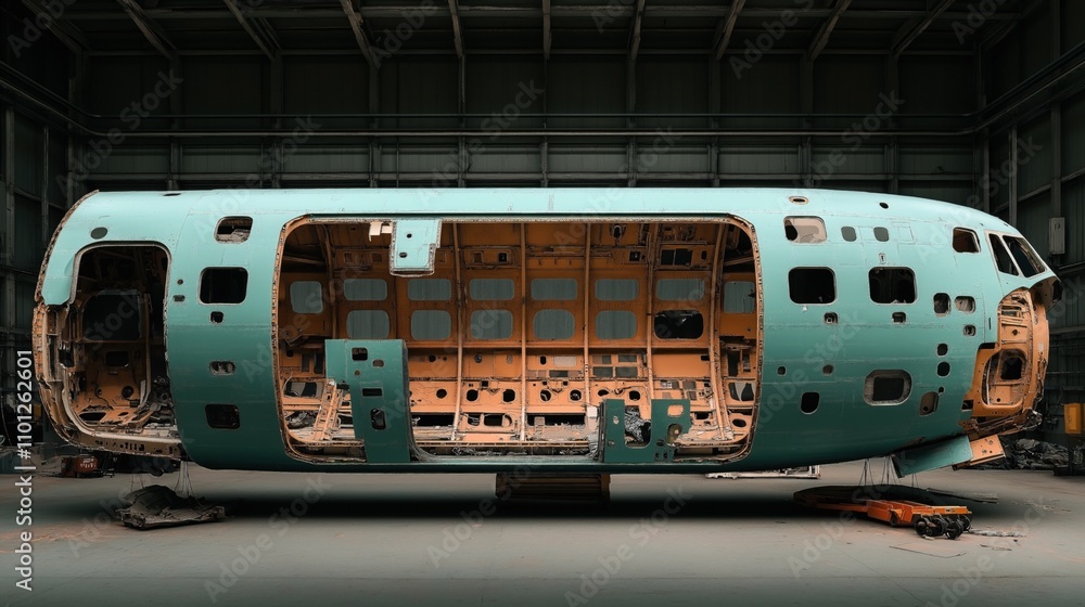 Interior view of an aircraft fuselage shell in a hangar, revealing ...