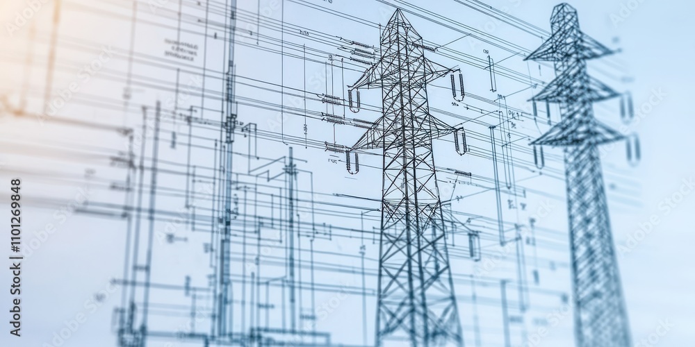 A detailed technical illustration of power transmission towers ...