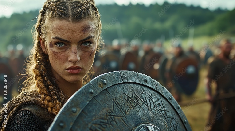 Ferocious Viking Clash: Shield Maiden Leads Warriors on an Enchanting Norse Expedition Stock ...