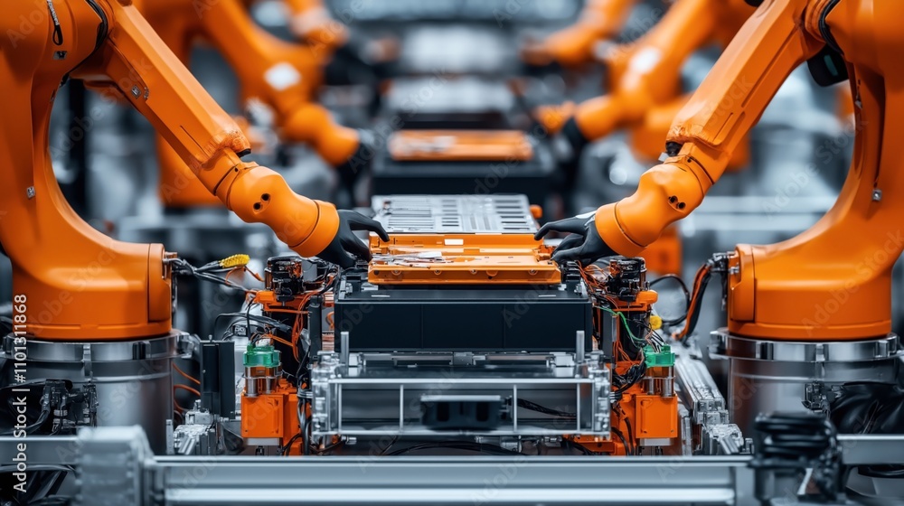 Robotic arms assembling electric vehicle battery packs in an advanced ...