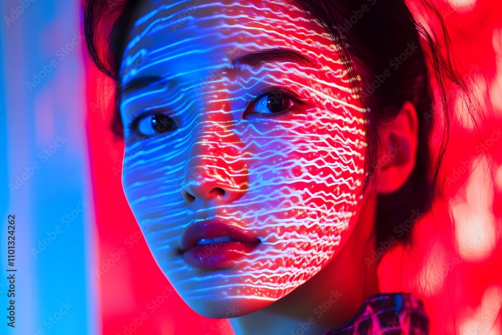 A young woman's face is illuminated by red and blue neon lights, with ...