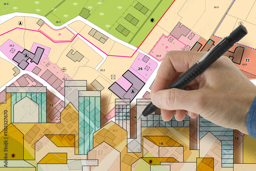 BUILDING PERMIT CONCEPT with imaginary cadastral map and General Urban ...
