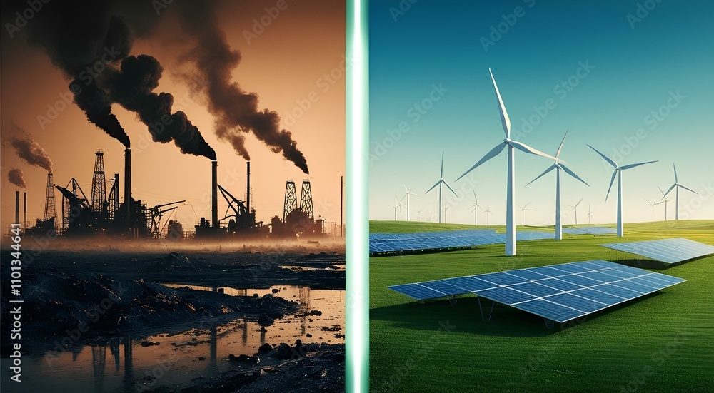 Energy Transition: Fossil Fuels vs Renewable Energy Depicting Environmental Pollution and Green ...