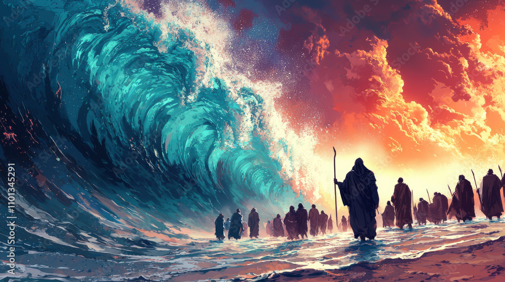 Moses parts the Red Sea during the Exodus, creating a pathway for the ...