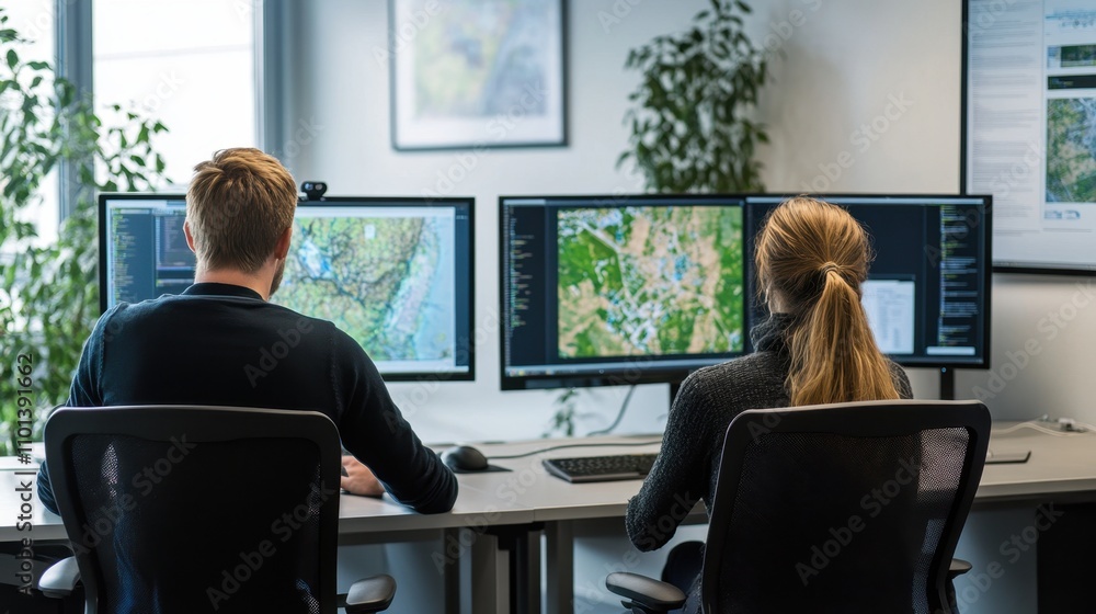 GIS Day Geospatial analysis team examining maps on multiple monitors in ...