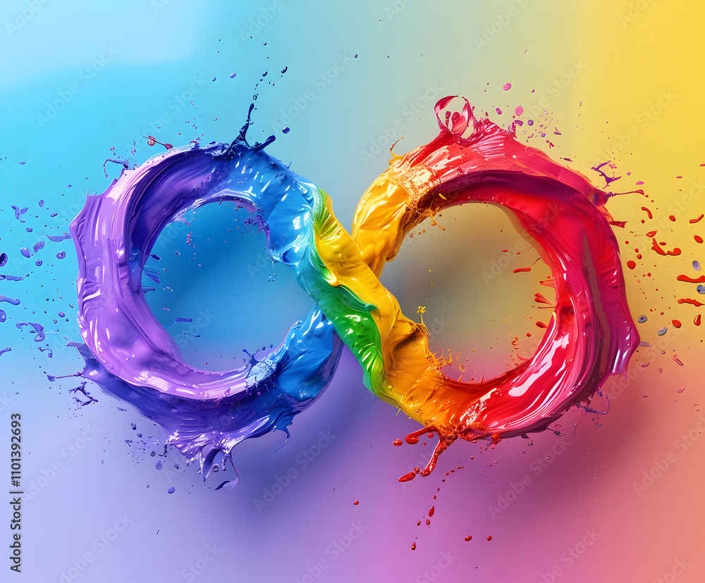 Fluid paint creating an infinity symbol in a rainbow palette, splashing ...