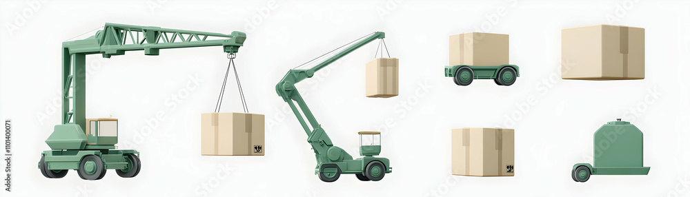Green Cargo Cranes Lifting Packages, Industrial Illustration of Mobile ...