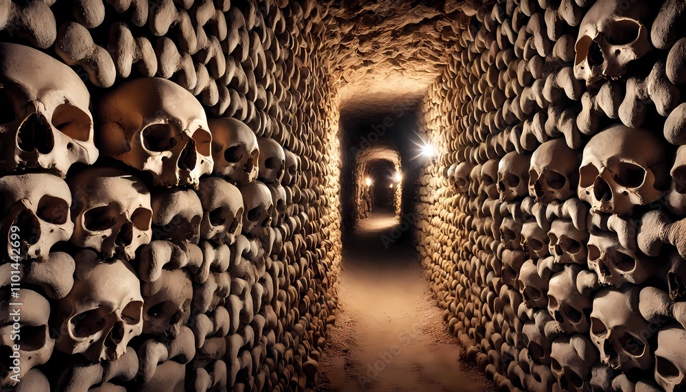 Underground Catacombs. Narrow, bone-lined catacombs beneath an ancient ...