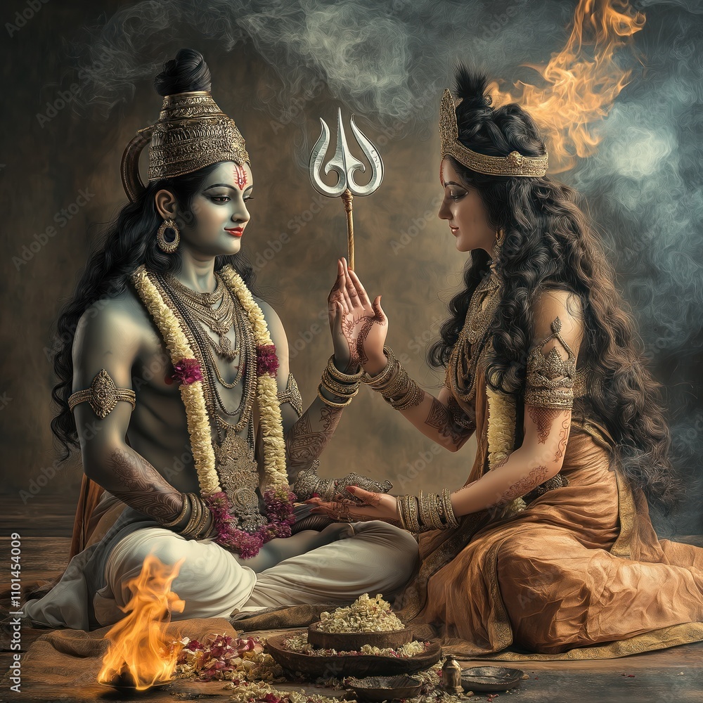 Foto de Stock Hindu deities Shiva, Parvati sit in sacred art piece ...