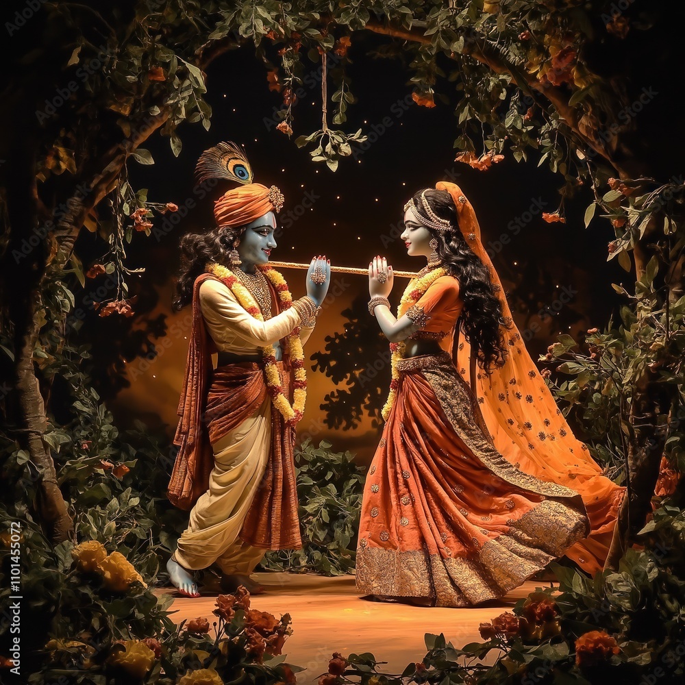 Lord Krishna, Radha Rani dance in divine love under tree in colorful ...