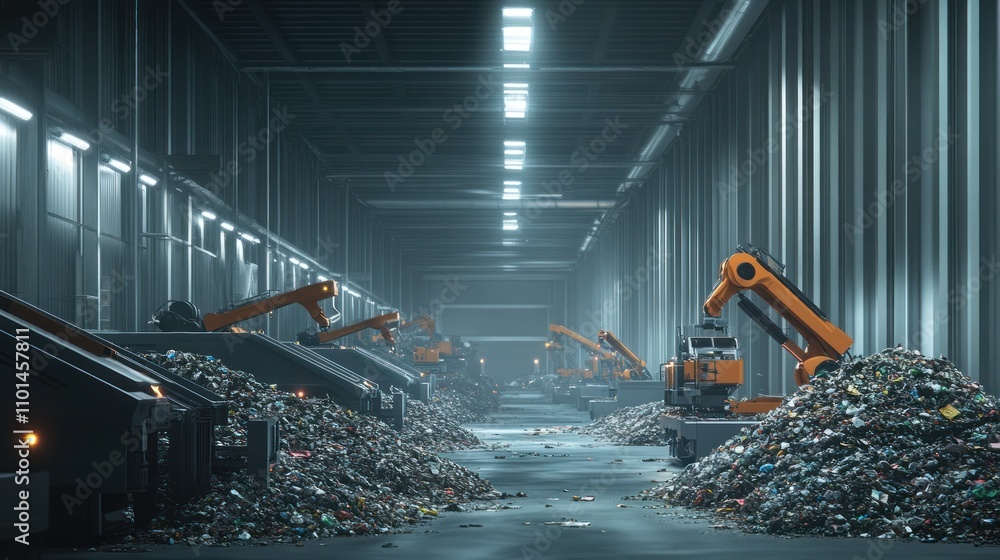 A futuristic scene of a fully automated landfill, with robotic arms ...