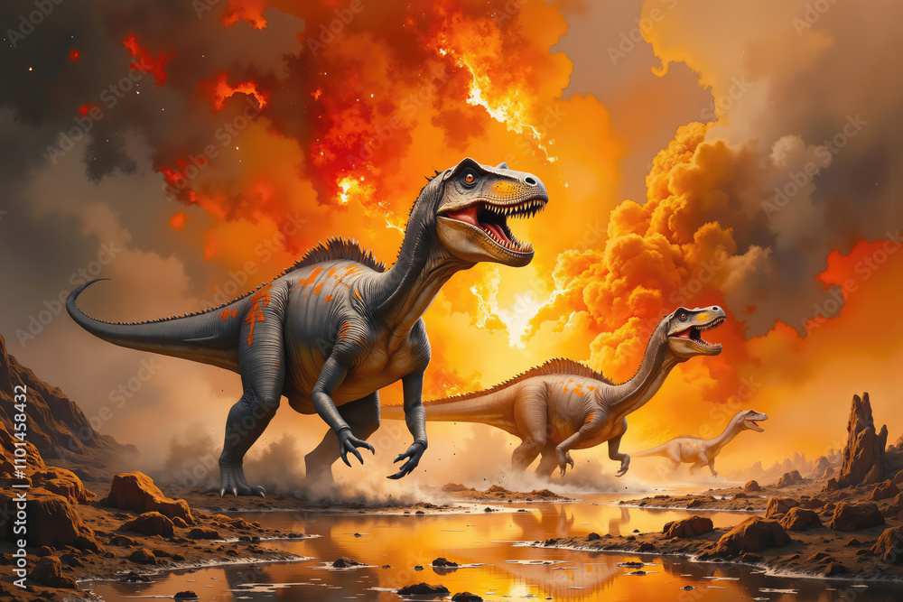 Giganotosaurus dinosaur pack running from volcano eruption Stock Photo ...