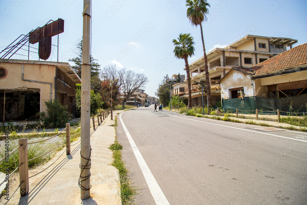 Street view of abandoned Varosha (Kapali Maras) ghost town Cyprus Stock ...