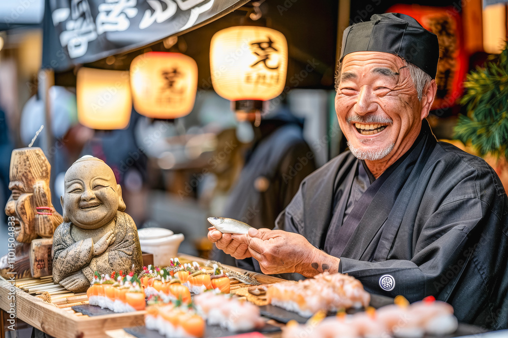 Ebisu festival at a japanese shrine with smiling vendor and traditional ...