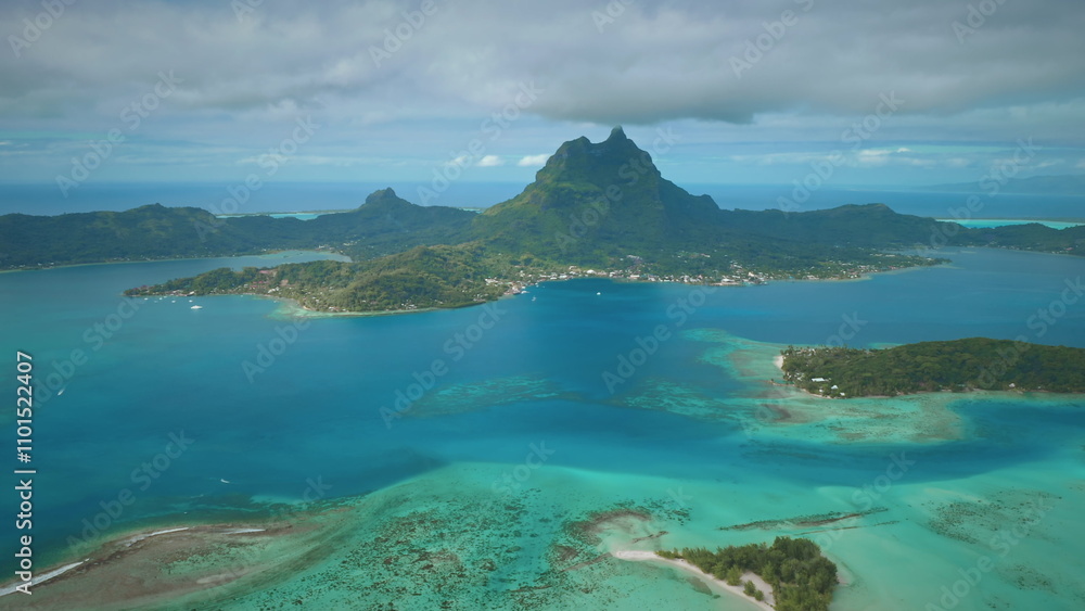 Drone capturing Bora Bora panorama, tropical island coral reef with ...