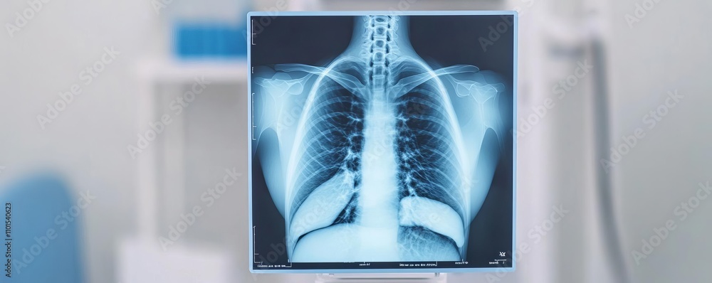 X-ray machine capturing an image of a patient s chest in a clean ...