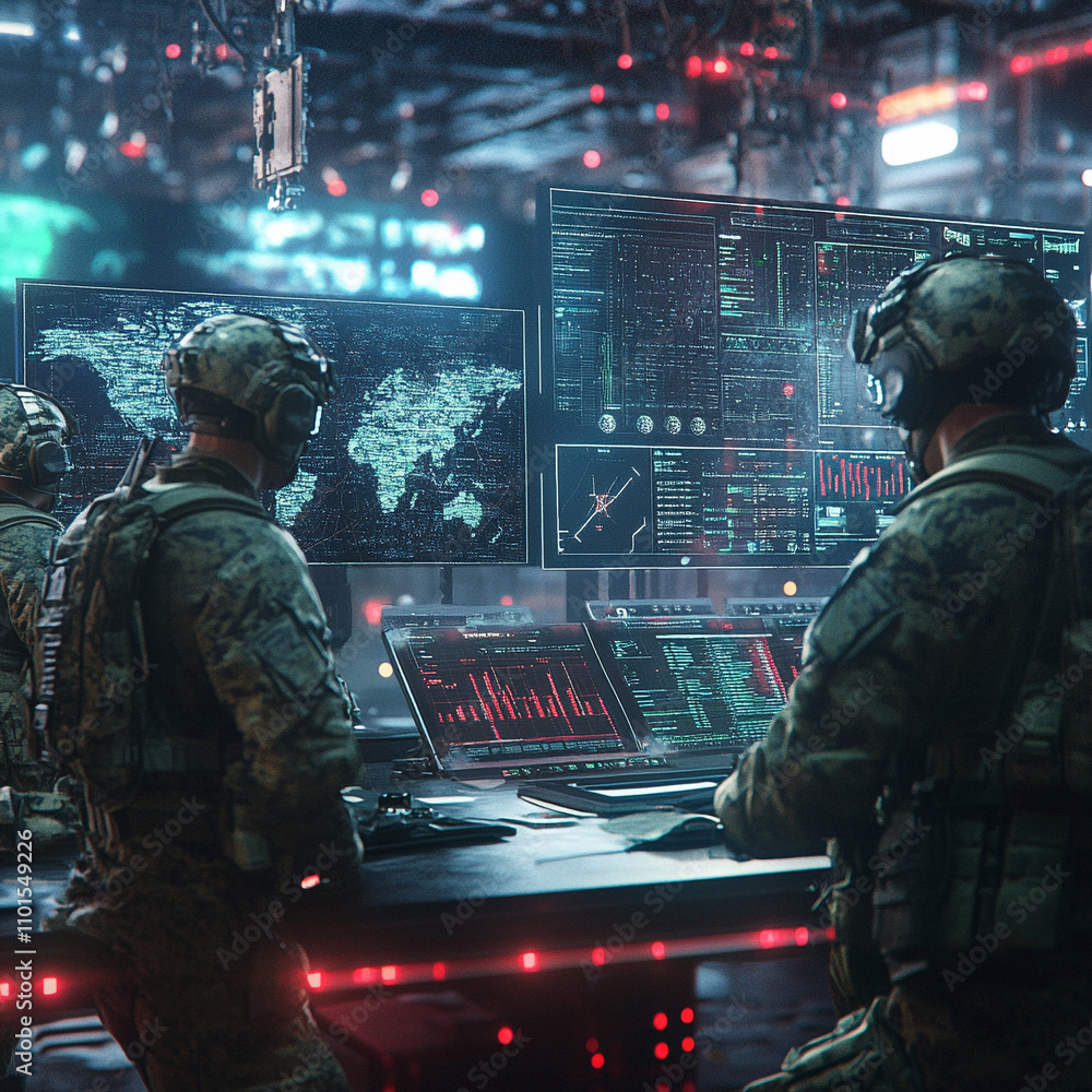Soldiers engaged in advanced technology operations at a command center ...