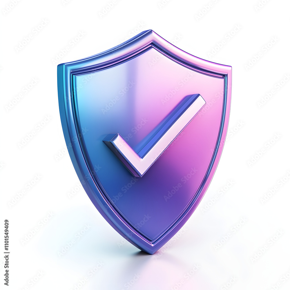 cartoon 3d Icon safety shield check mark perspective . Blue and purple symbol security safety ...