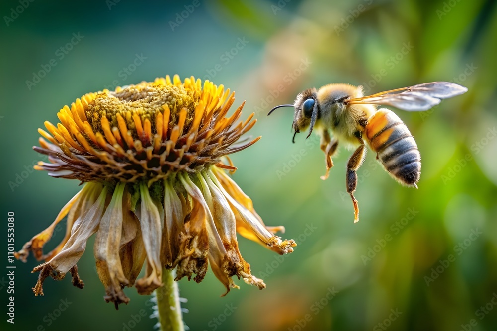 Bee flying near dying wilted flower. Pollination and environment ...