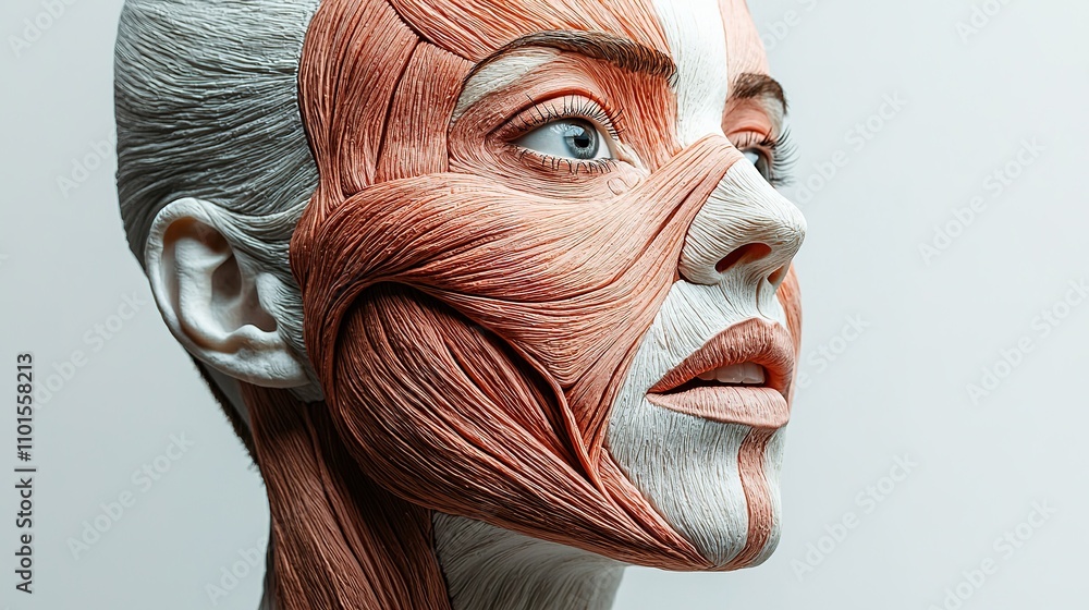 A detailed anatomical model showcasing facial muscles, emphasizing ...