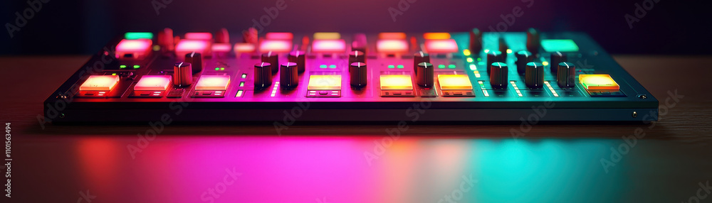 compact audio mixer with glowing dials and sliders, showcasing vibrant ...