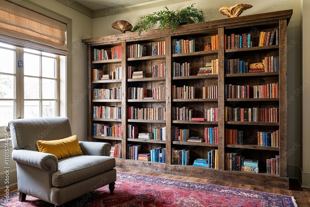 Cozy Eclectic Home Library Design Featuring Rustic Bookcase and ...