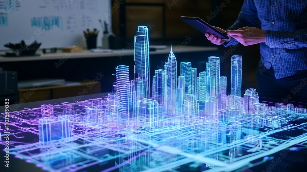 Architect using futuristic hologram software showing city buildings and ...