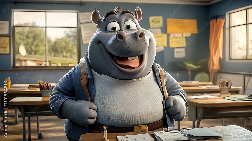 Smiling Hippo in a Classroom - 3D Render of Animated Character AI ...