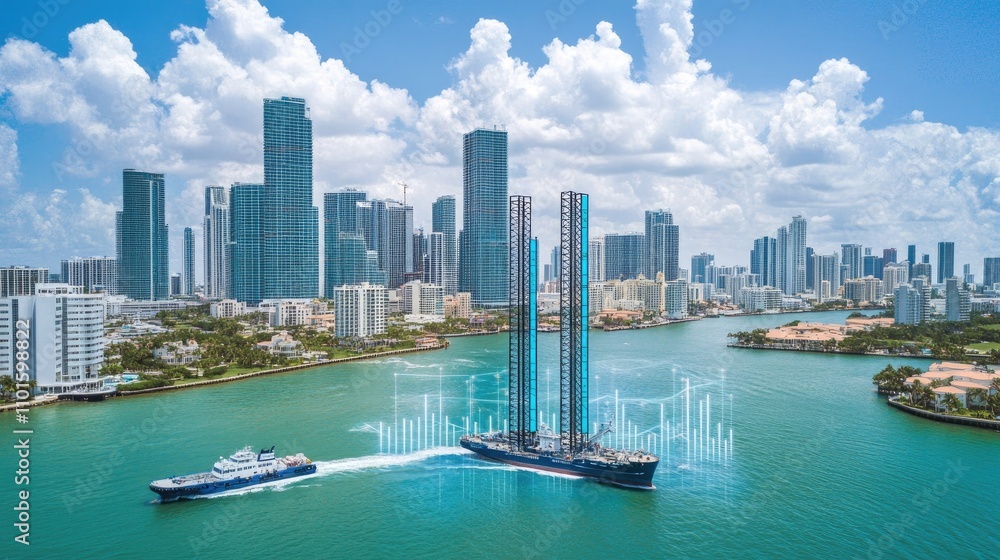 An oil rig with stock chart projections overlaying the skyline, linking ...