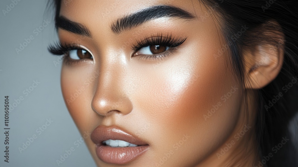 A striking close-up of a mixed-heritage Asian woman with flawless ...