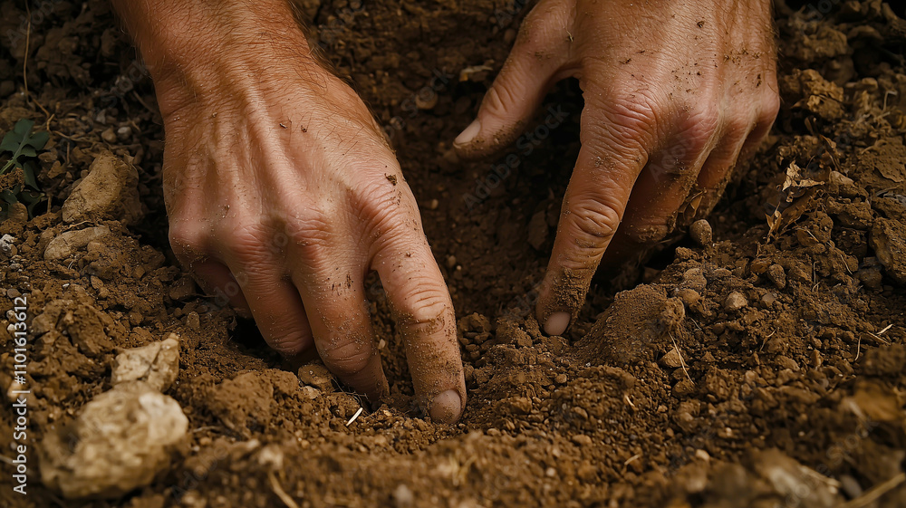 Hands digging in soil, planting seeds in earth, gardening activity ...