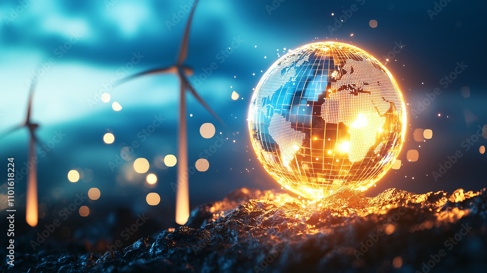 glowing 3D globe surrounded by wind turbines symbolizes renewable ...