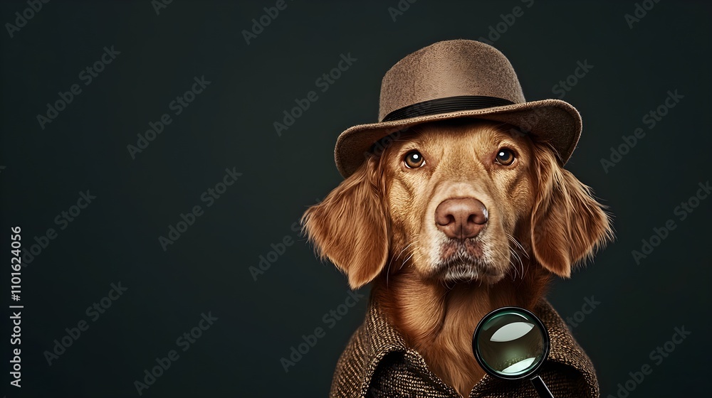 Dog Detective in Costume Investigating a Crime Scene with Magnifying ...